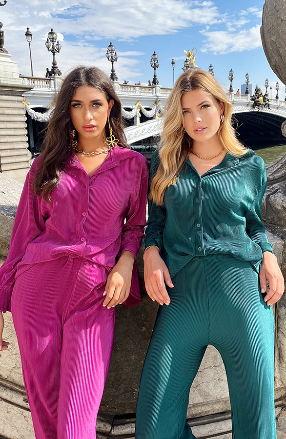 Plissé Two Piece Set Magenta | fashionmusthaves.nl