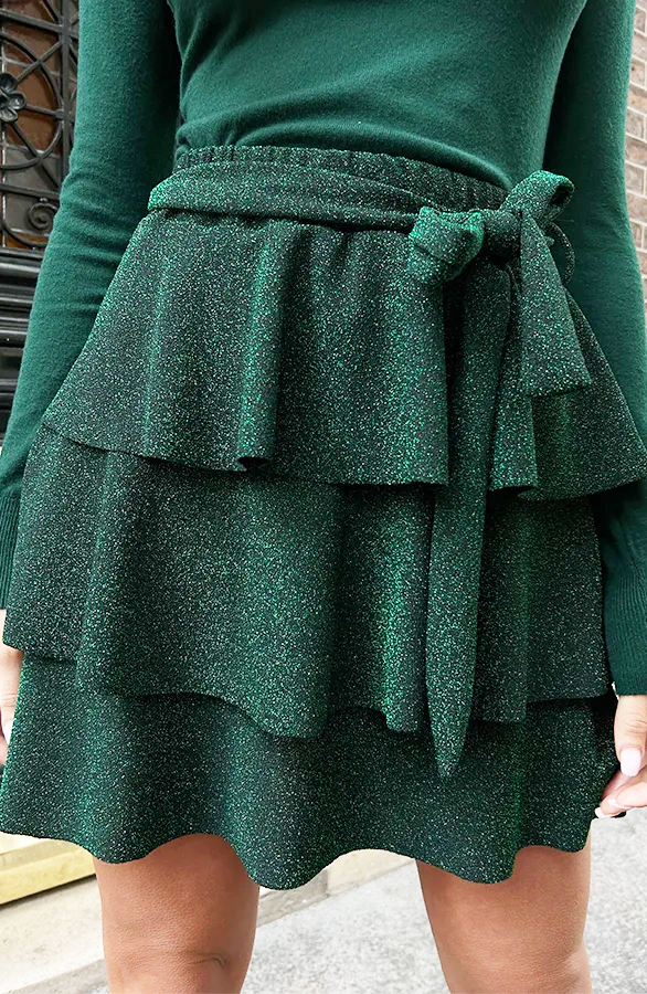 Ruffle Lurex Rok Smaragd | fashionmusthaves.nl