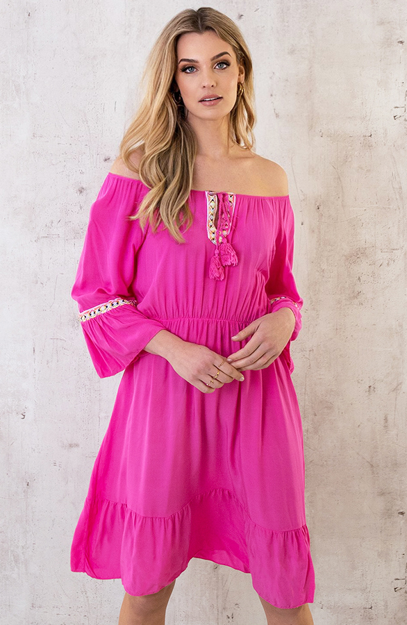 Boho Off Shoulder Jurk Fuchsia | Fashionmusthaves.nl