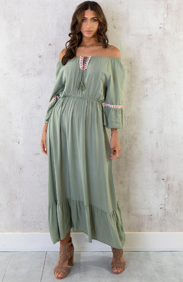 Boho Off Shoulder Maxi Jurk Army | Fashionmusthaves.nl