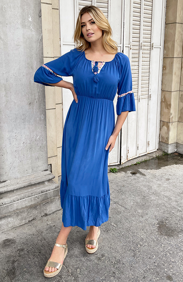 Boho Off Shoulder Maxi Jurk Kobalt | Fashionmusthaves.nl