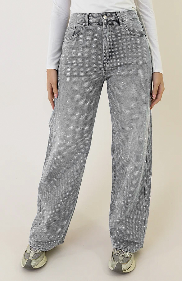 Strass Denim Jeans Wide Leg Grey | Fashionmusthaves.nl